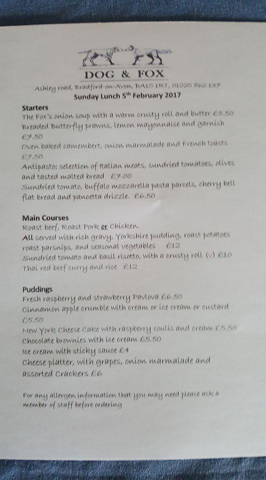 Menu at The Dog and Fox Inn pub & bar, Bradford-on-Avon