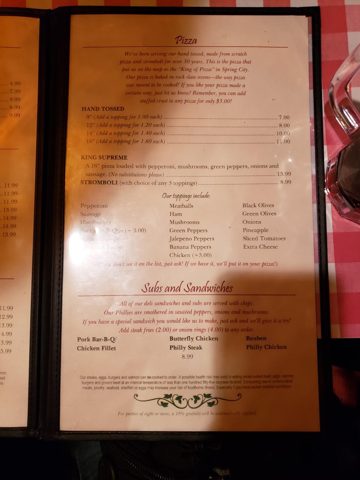 Menu at Winstead's American Grill & King of Pizza pizzeria, Spring City ...