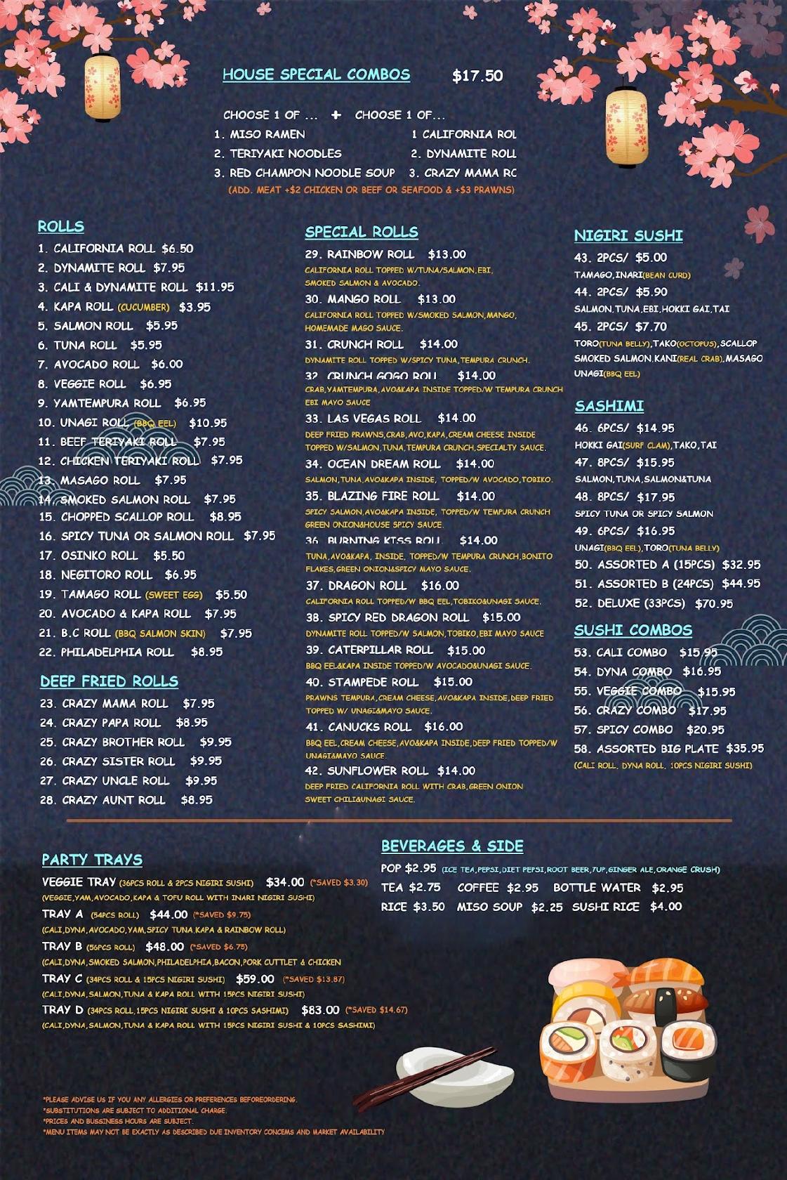 Menu at Noodle California restaurant, Williams Lake