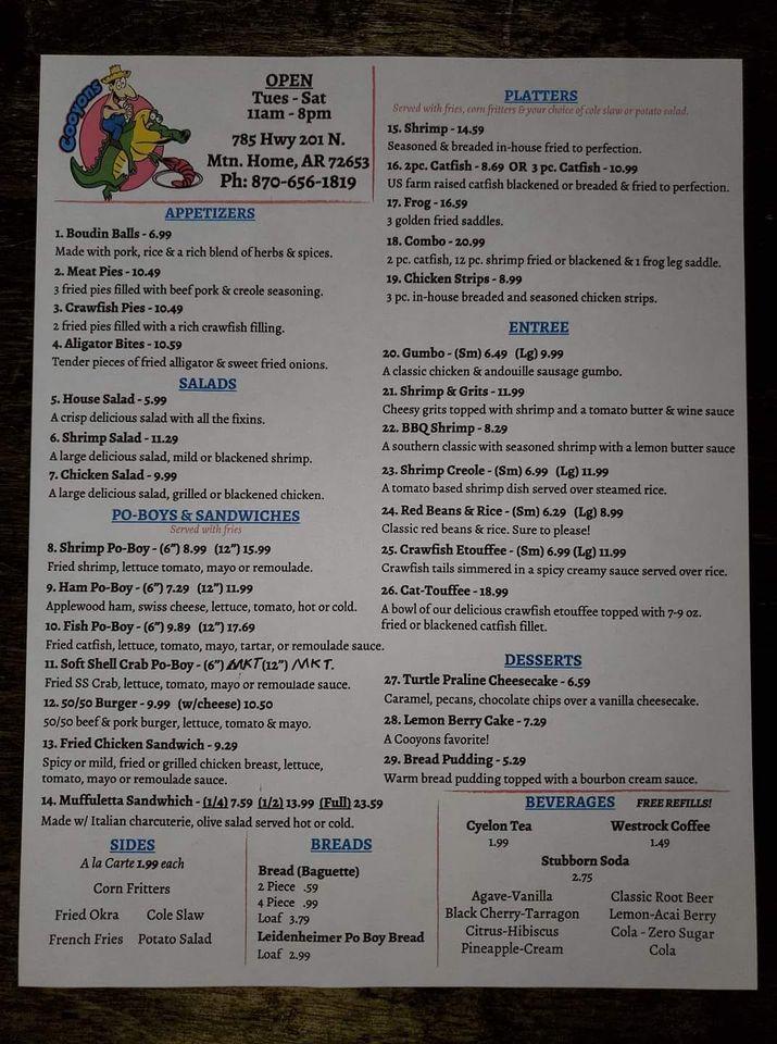 Menu at Cooyons restaurant, Mountain Home