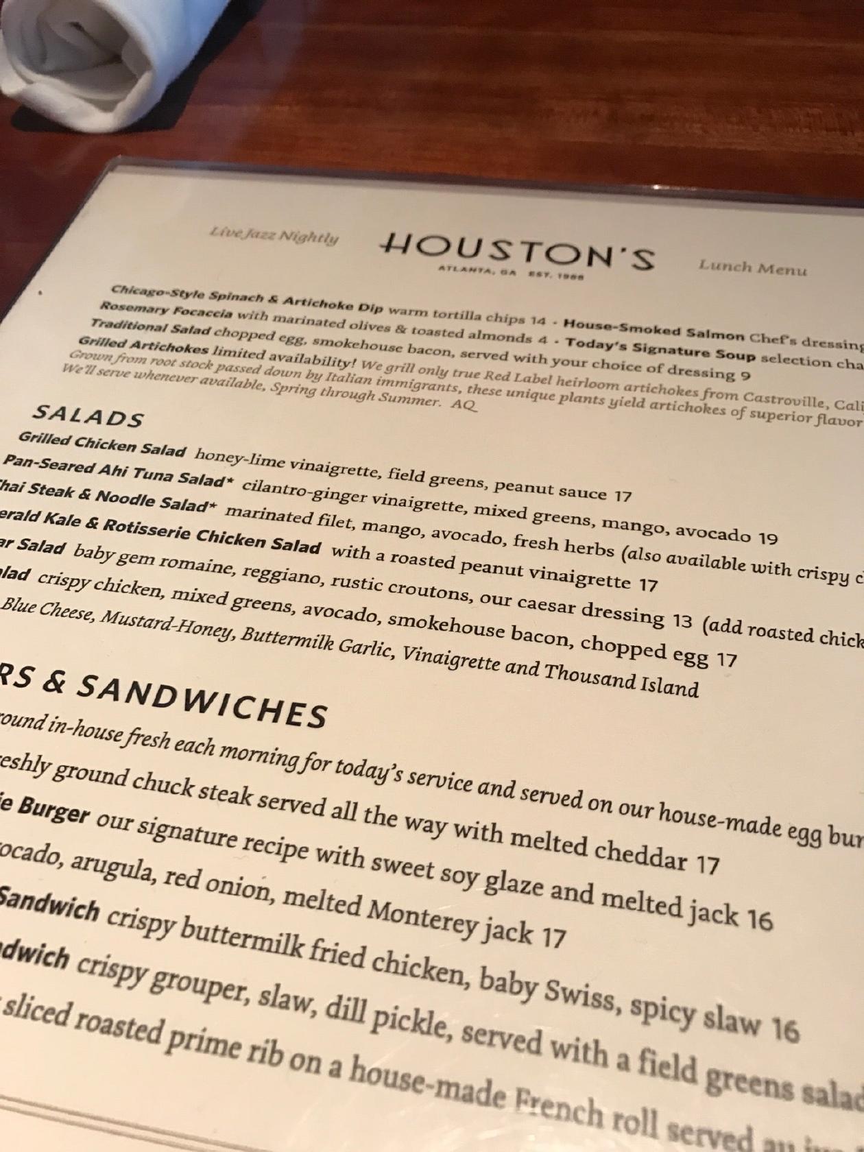 Menu at Houston's steakhouse, Atlanta, Peachtree Rd