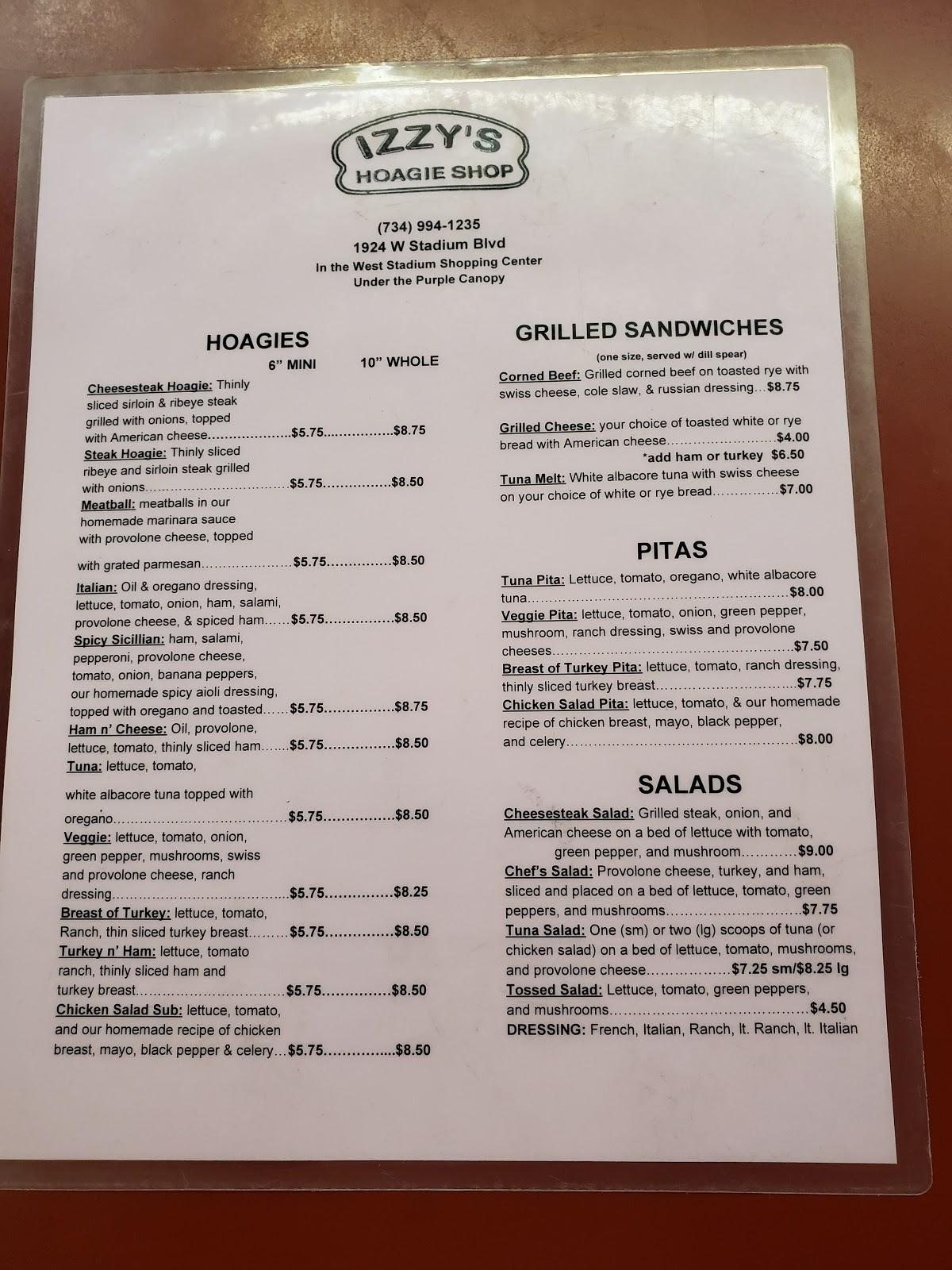 Menu at Izzy's Hoagie Shop restaurant, Ann Arbor