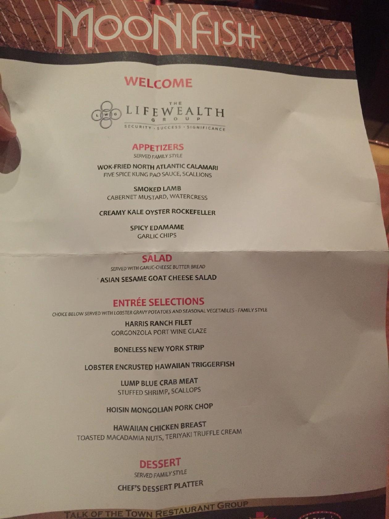 Menu at MoonFish restaurant, Orlando