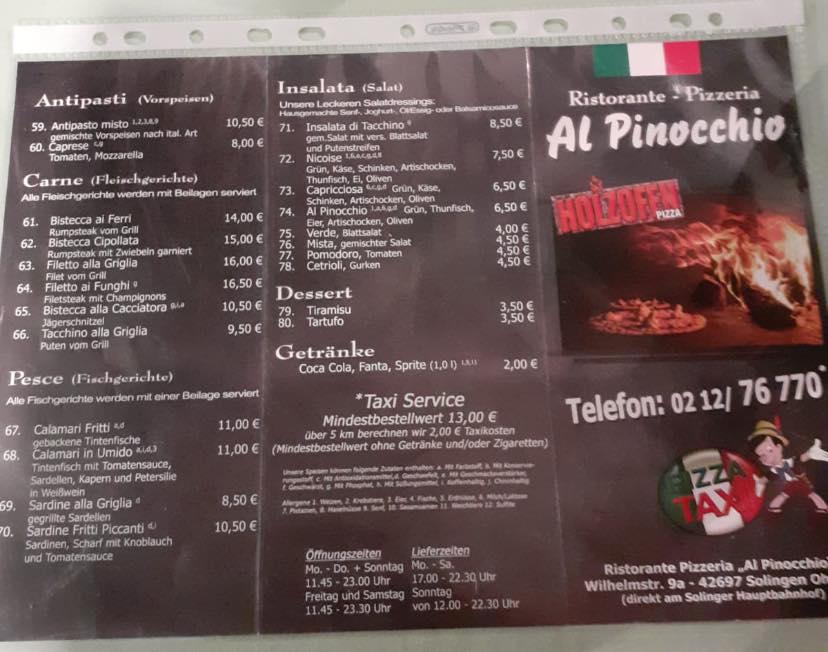 Menu at Pizzeria Al Pinocchio, Solingen