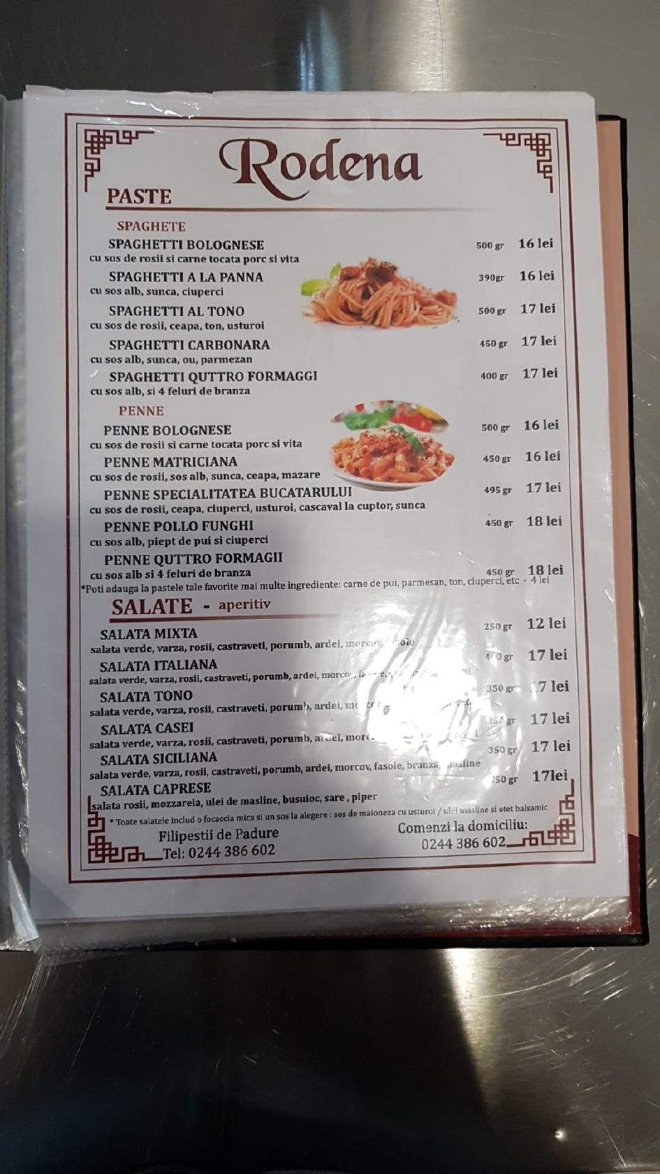 Menu at Pizzeria Rodena, Filipeștii de Pădure