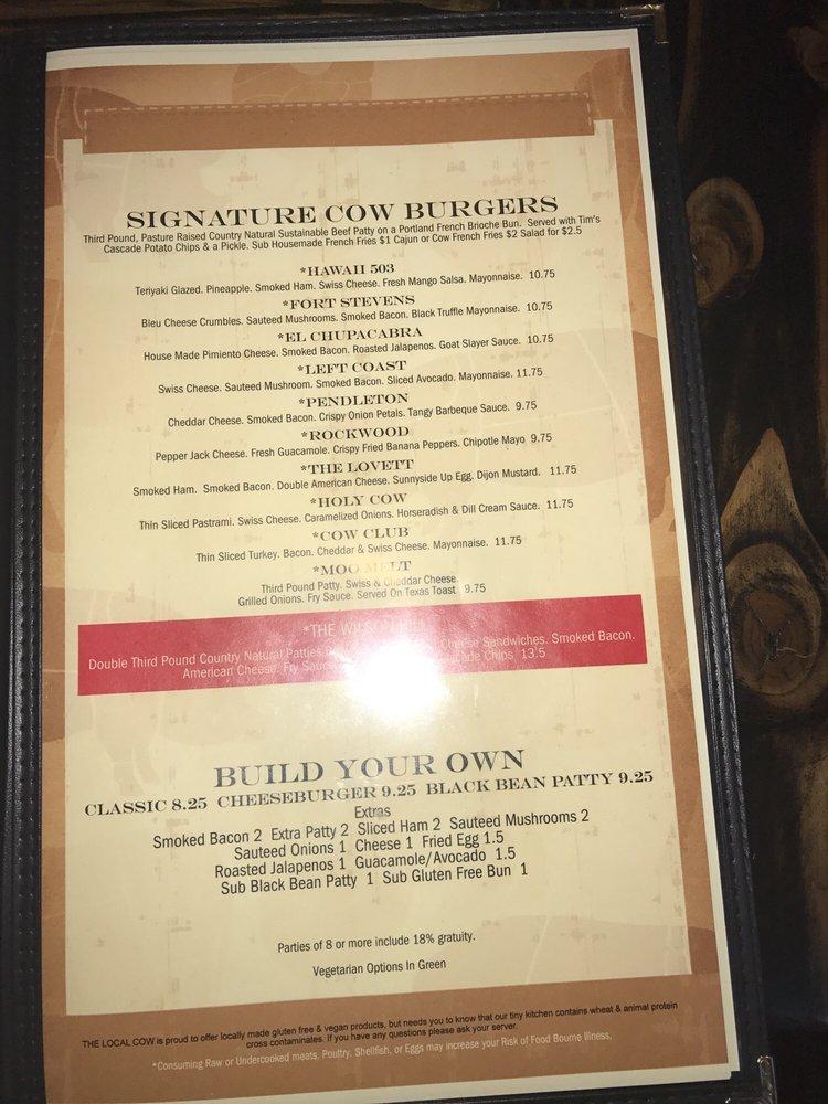 Menu at The Local Cow fast food, Gresham