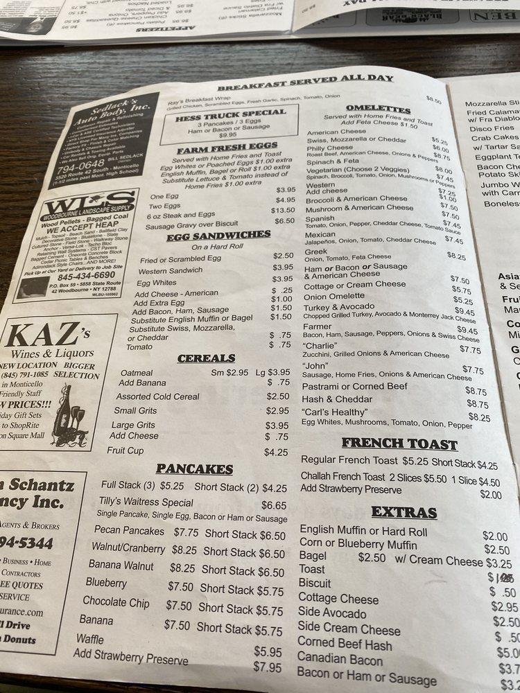 Menu at Tilly's Diner restaurant, Monticello