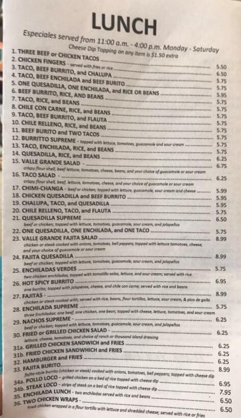 Menu at Valle Grande Mexican Grill restaurant, Maplesville