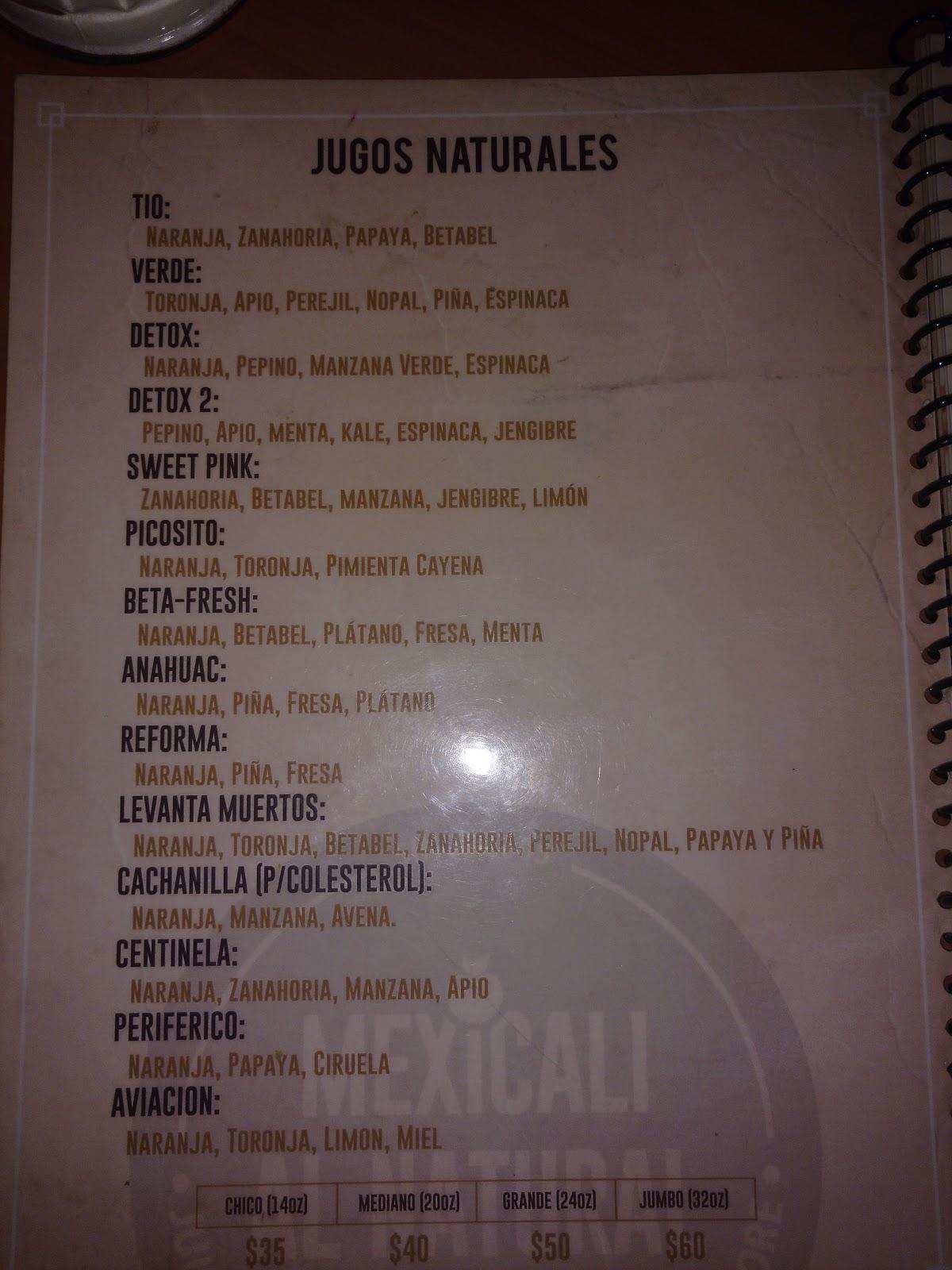 Menu at mexicali al natural restaurant, Mexicali