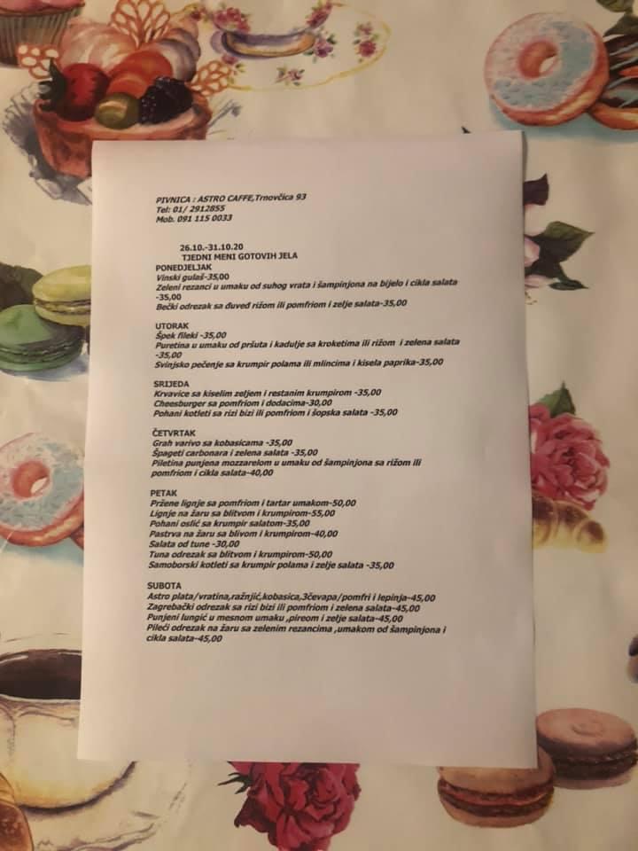 Menu at Astro Pivnica restaurant, Zagreb