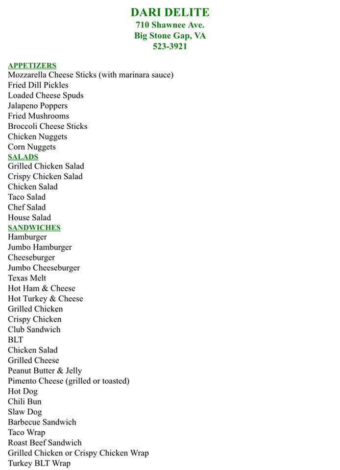Menu at Dari Delite restaurant, Big Stone Gap