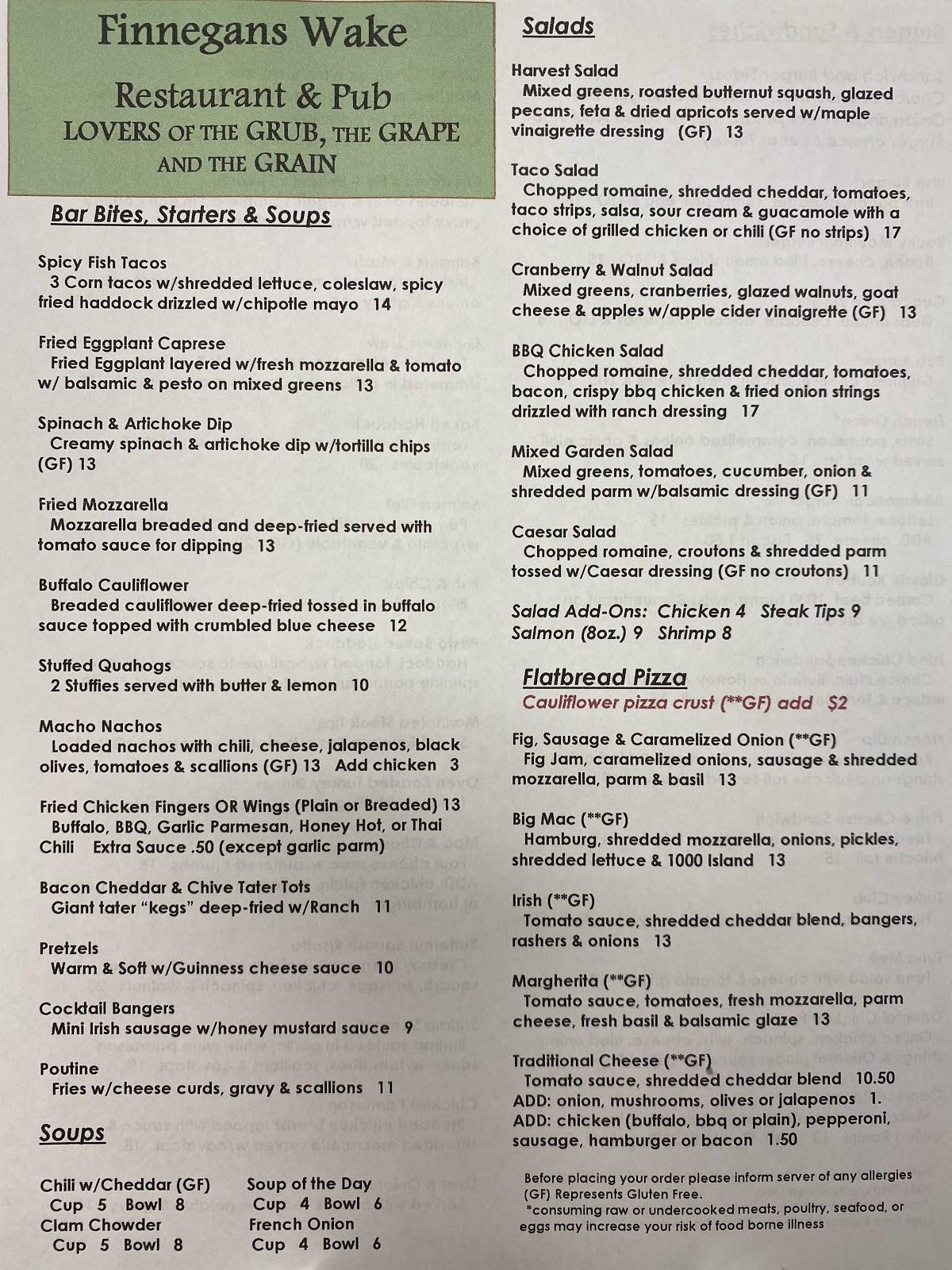 Menu at Finnegan's Wake Restaurant and Pub, Walpole