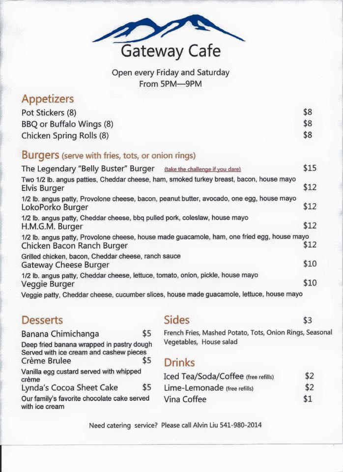 Menu at Gateway Cafe, Heppner