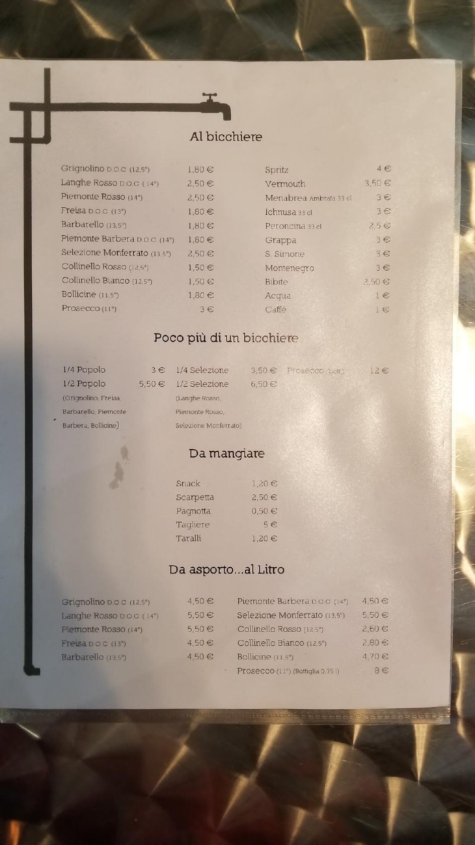 Menu at Litro Galleria pub & bar, Turin