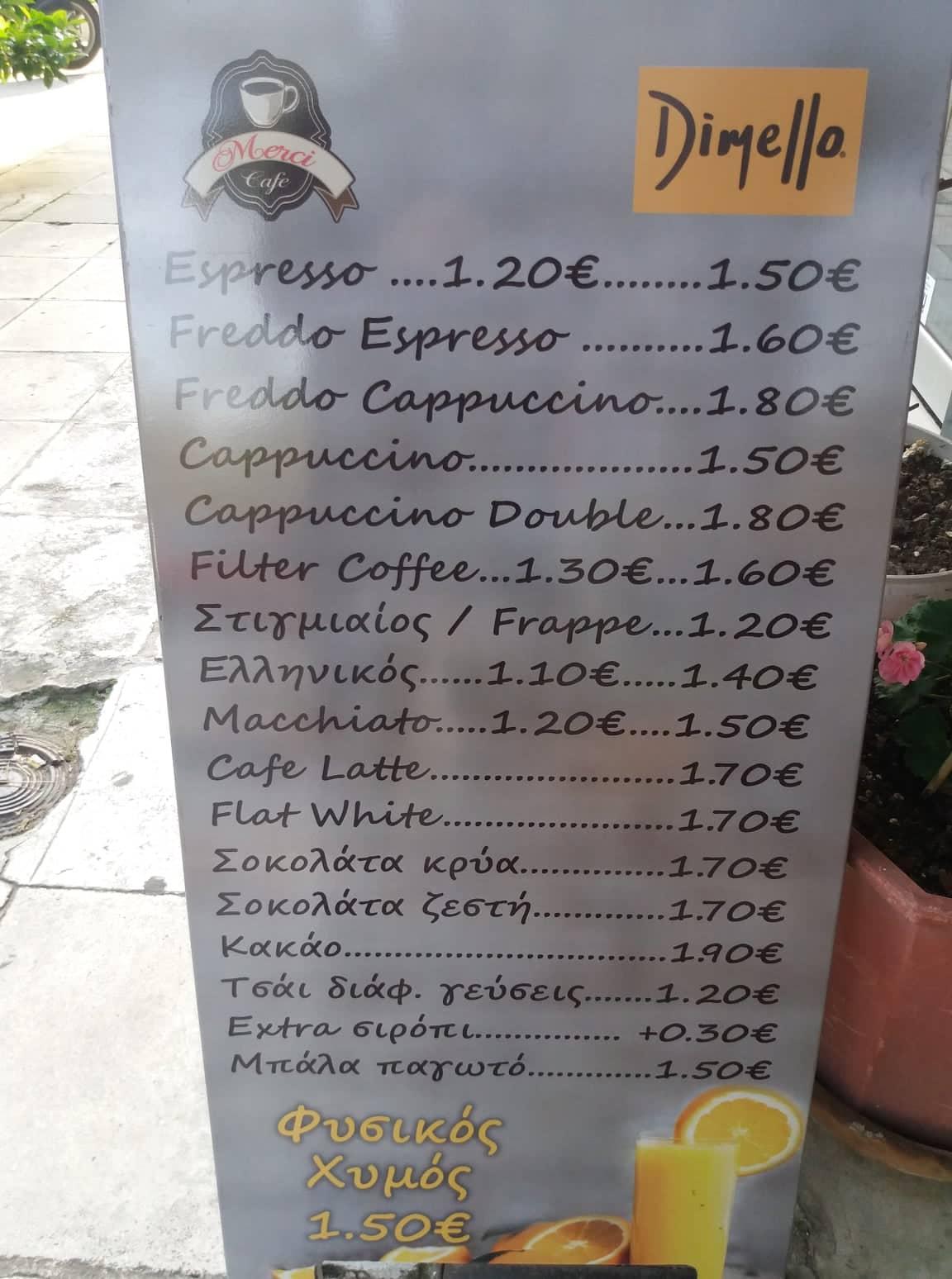 Menu at Merci Cafe, Athens