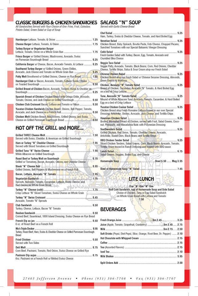 Menu at Mo's Egg House restaurant, Temecula