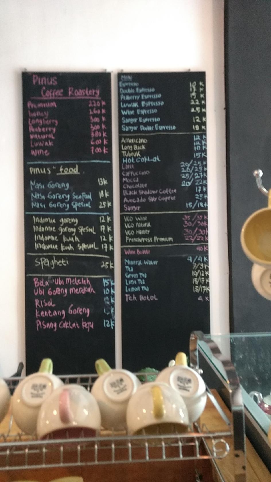 Menu at Pinus Coffee cafe, Banda Aceh