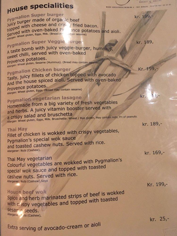 Menu at Pygmalion cafe, Bergen