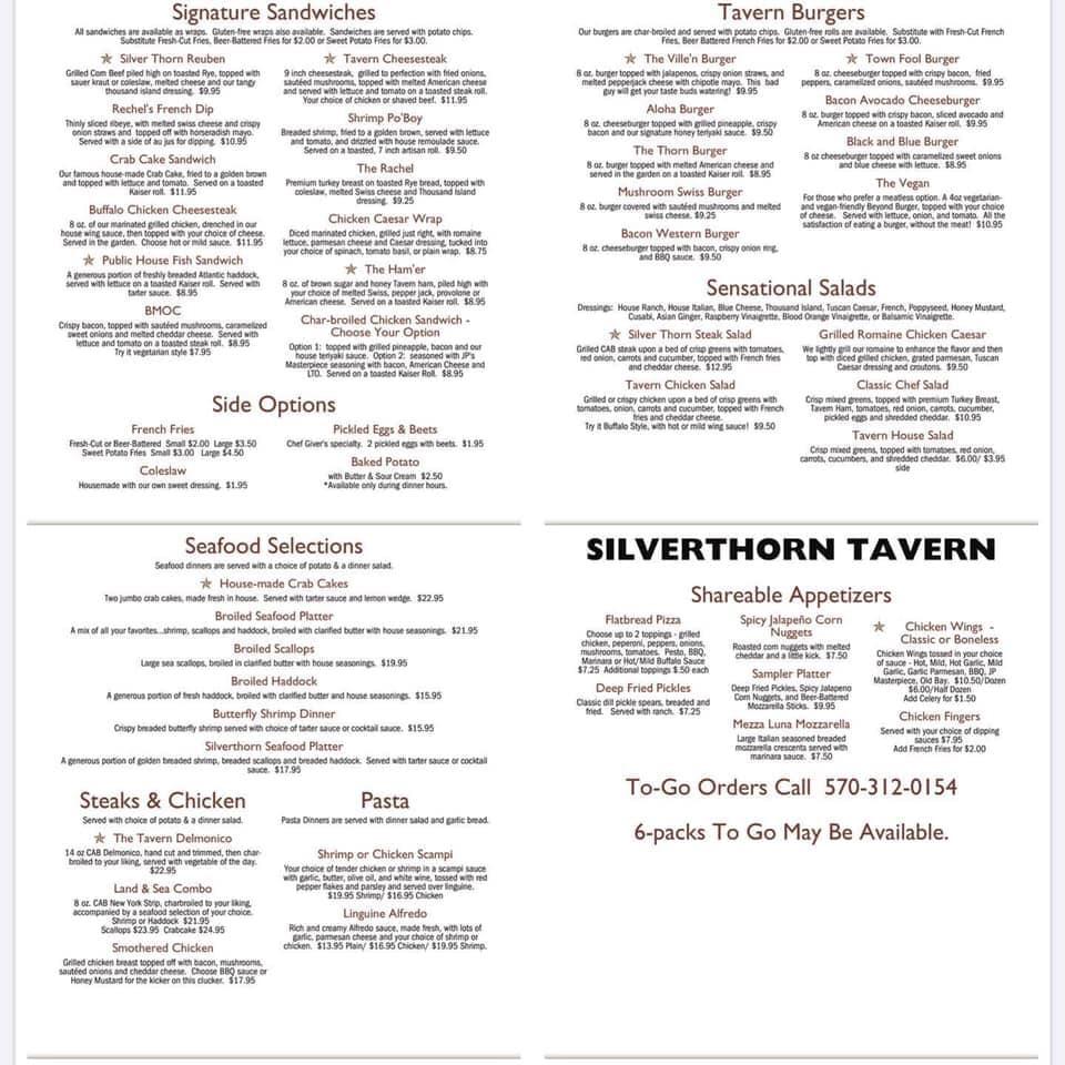 Menu at Silver Thorn Tavern pub & bar, Hughesville