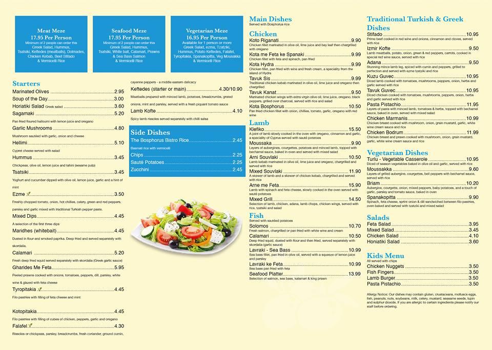 Menu at The Bosphorus Bistro restaurant, Pontefract