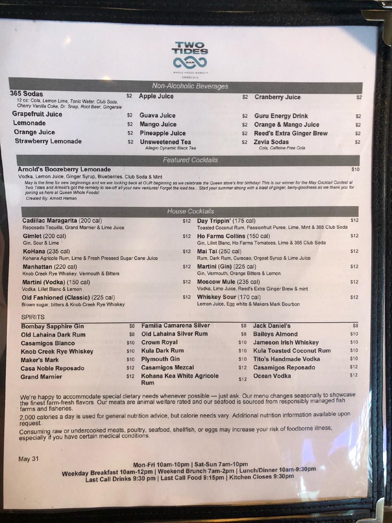 Menu at Two Tides Bar, Honolulu