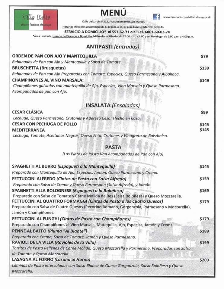 Carta del restaurante Villa italia, Mexicali, Del Jardín 312