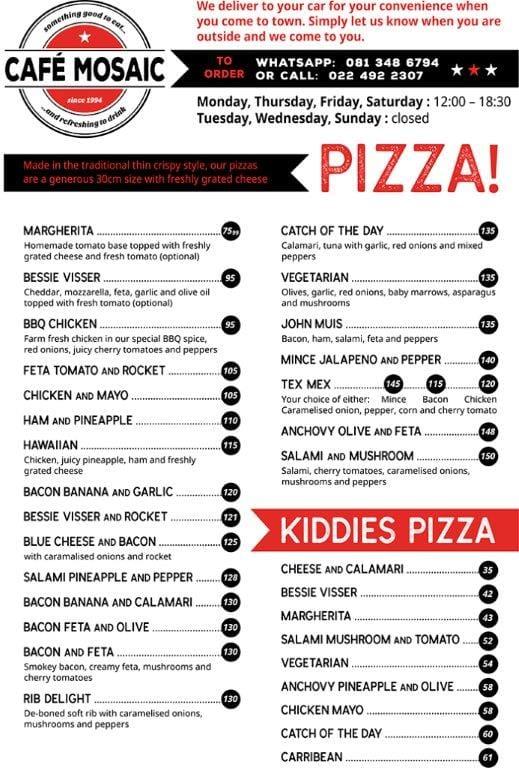 Menu at Cafe Mosaic, Darling, Main Street