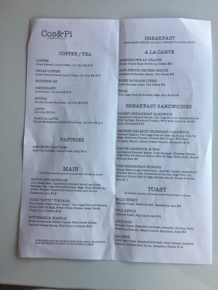 Menu at Cos & Pi restaurant, South Pasadena, 303 Pasadena Ave