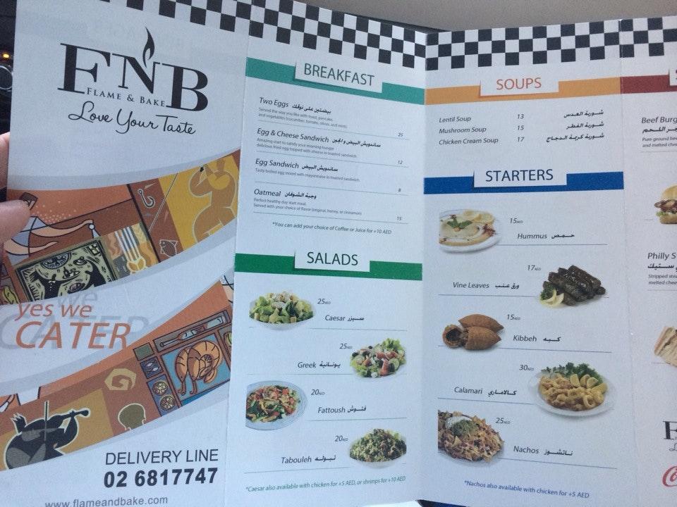 Menu at FNB restaurant, Abu Dhabi, Corniche area
