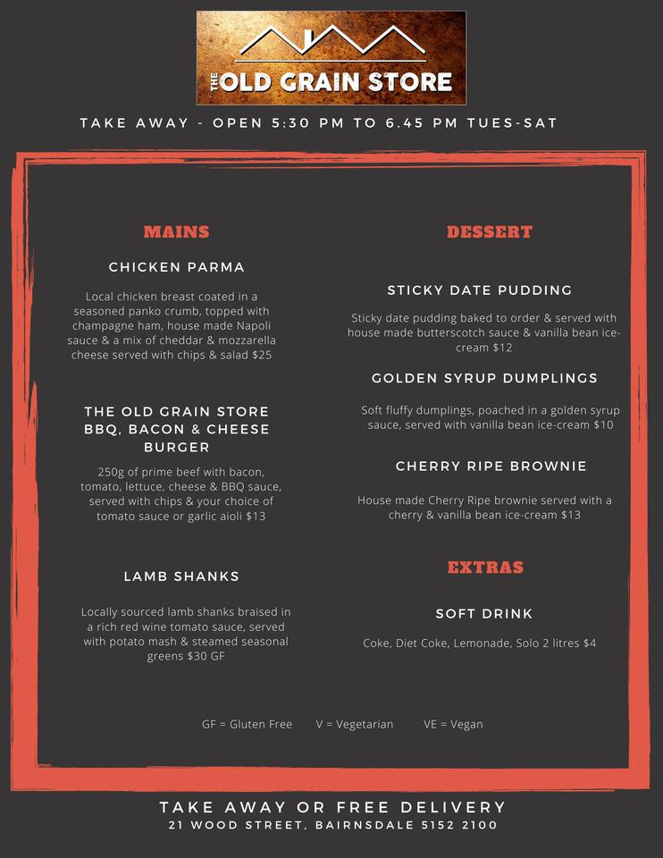 Menu at The Old Grain Store restaurant, Bairnsdale