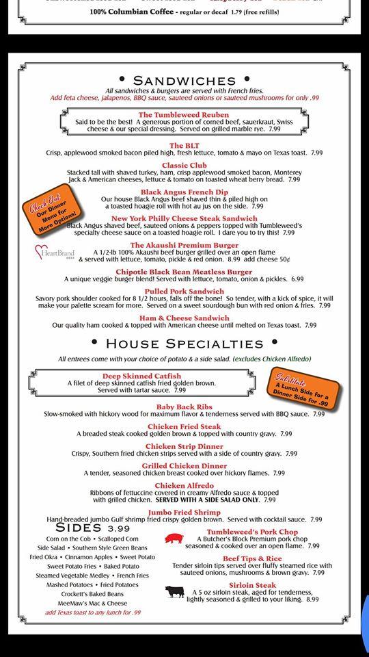 Menu at Tumble Weeds Steak House steakhouse, Bartlesville