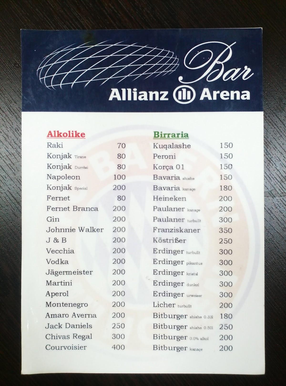Menu au Allianz Arena Bar, District de Shkodër