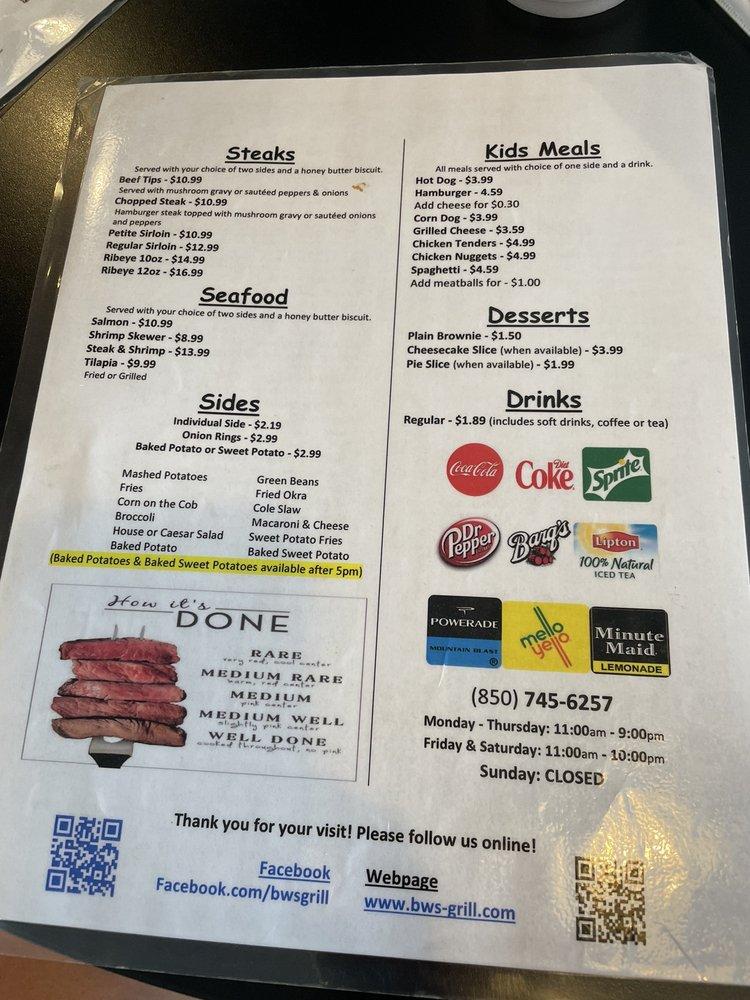 Menu at BW's Grill restaurant, Crawfordville