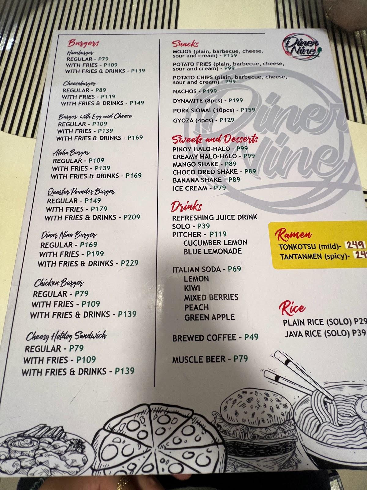 Menu at Diner Nine restaurant, Masbate City