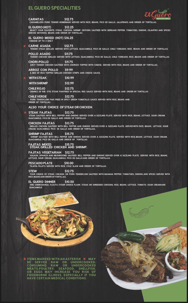 Menu at El Guero Mexican Grill restaurant, Lilburn