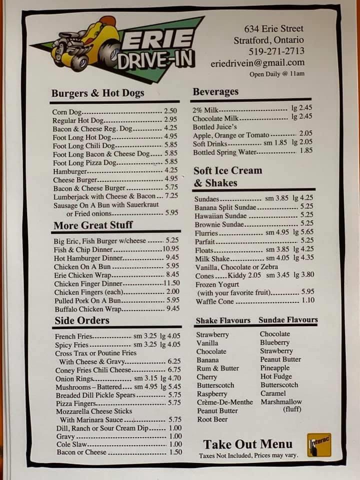 Menu at Erie Drive In Restaurant, Stratford
