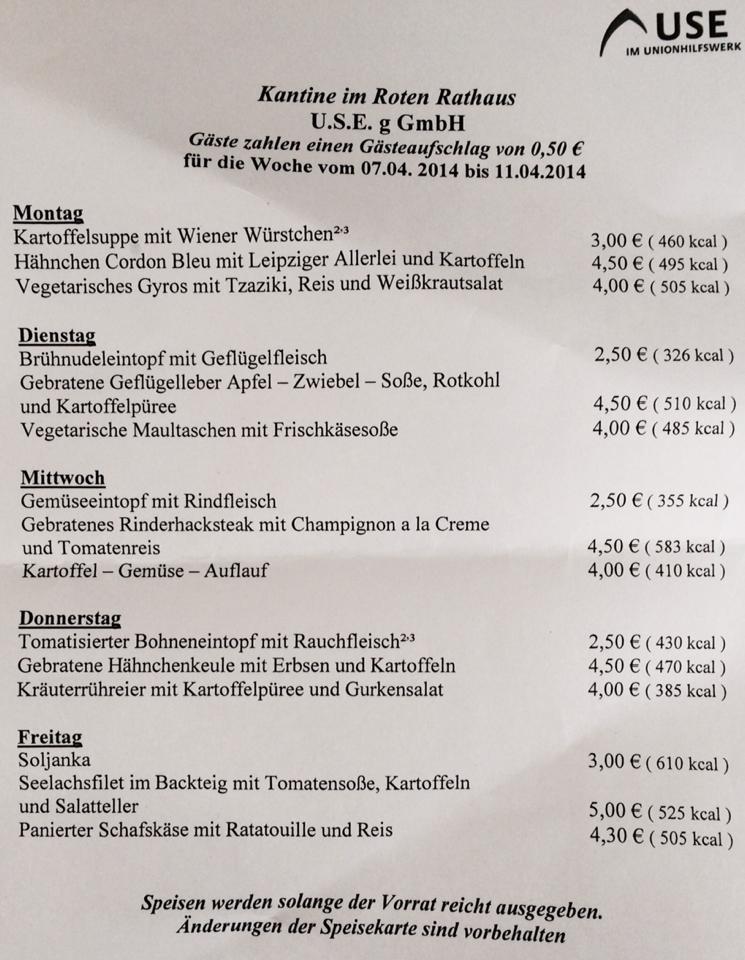 Speisekarte von Kantine im Roten Rathaus restaurant, Berlin