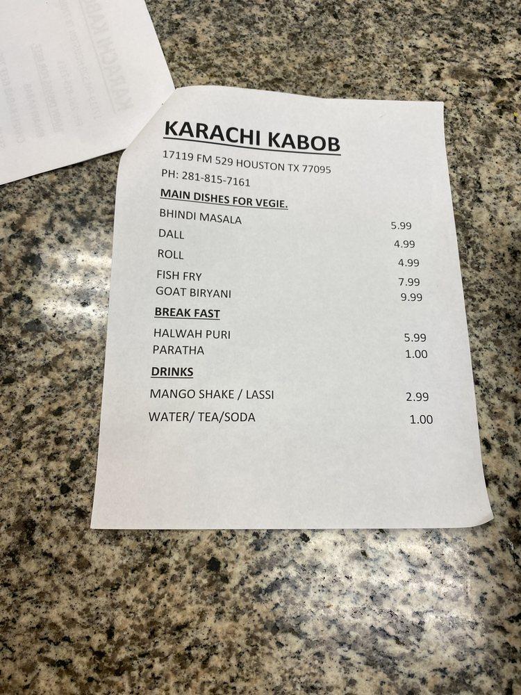Menu at Karachi Kabob restaurant, Houston