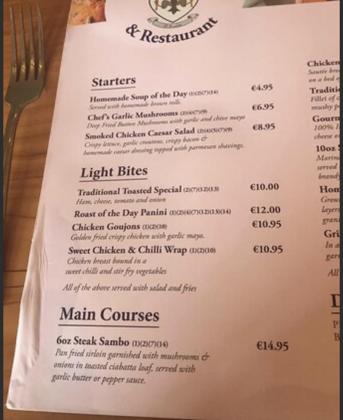 Menu at O'Riadas Bar, Ireland