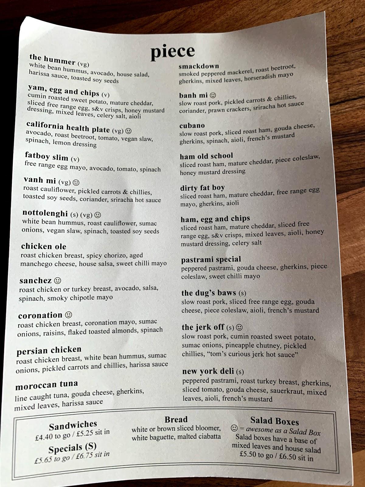 Menu at Piece cafe, Motherwell