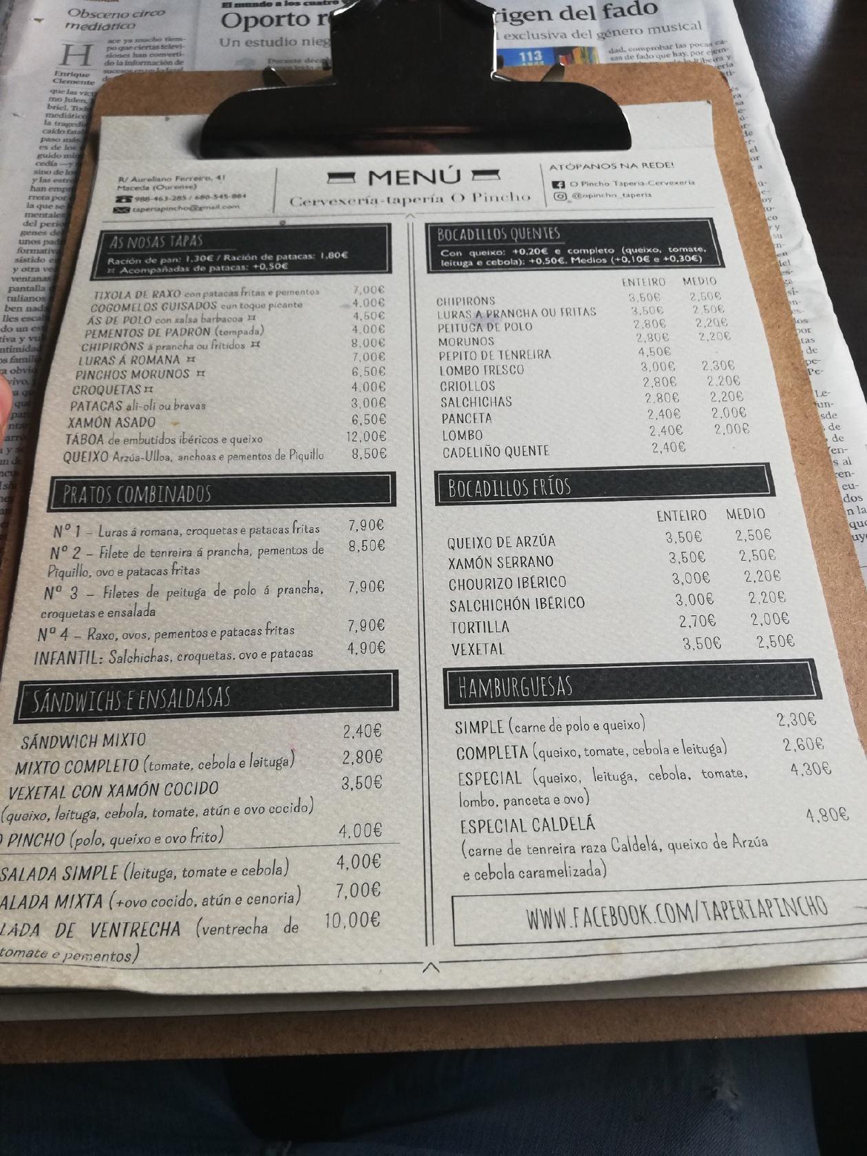 Menu at Taperia O Pincho pub & bar, Maceda