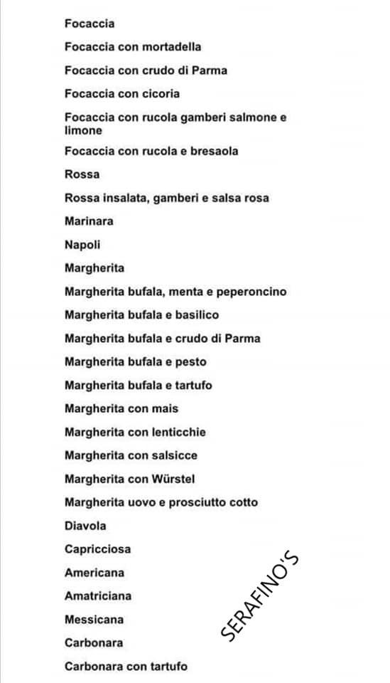 Menu da Serafino pizzeria, Marino