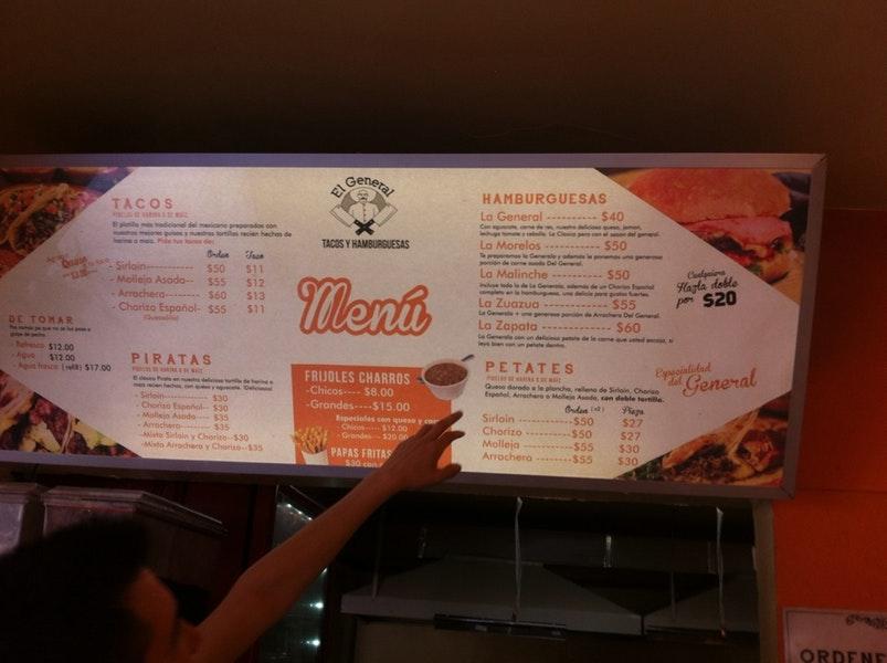 Menu at Tacos El General restaurant, Guadalupe