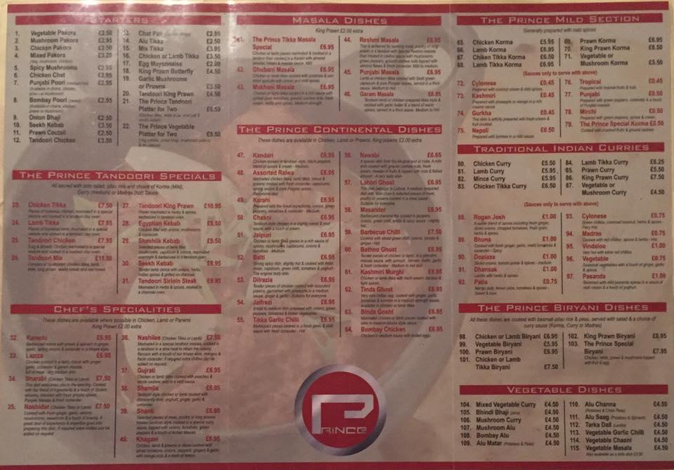 Menu at The Prince restaurant, Kirkcaldy
