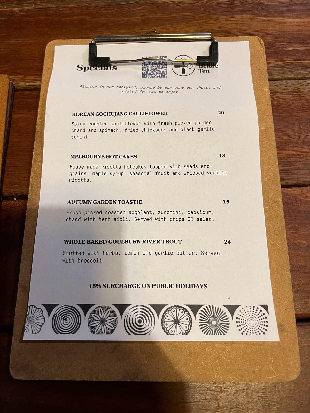 Menu at Two Before Ten Aranda cafe, Aranda, 68 Bandjalong Cres