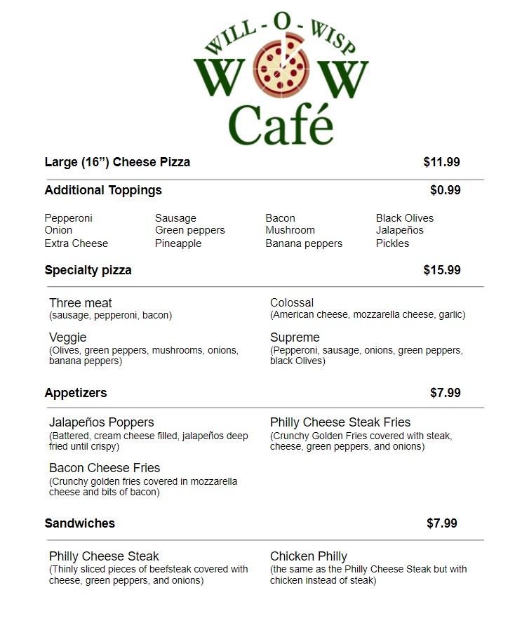 Menu at Will-O-Wisp Café restaurant, Gatesville