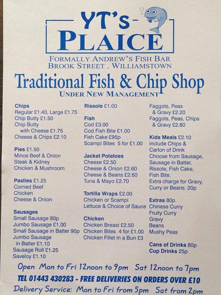 Menu at YT's plaice, Tonypandy