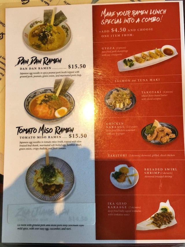 Menu at Yujiro Japanese Restaurant, Winnipeg