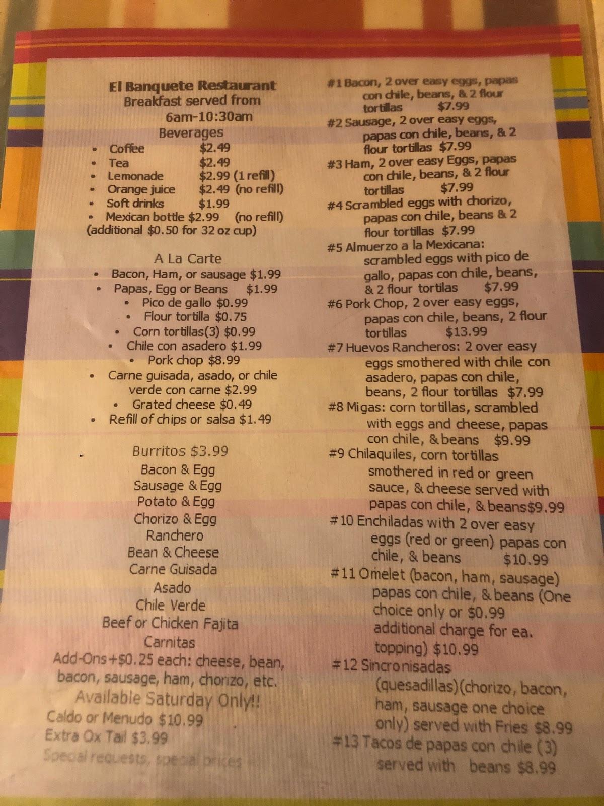 Carta del restaurante El Banquete, Midland, Rankin Hwy