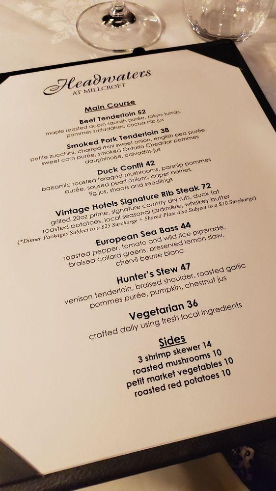 Menu at Headwaters Restaurant at Millcroft Inn & Spa, Caledon